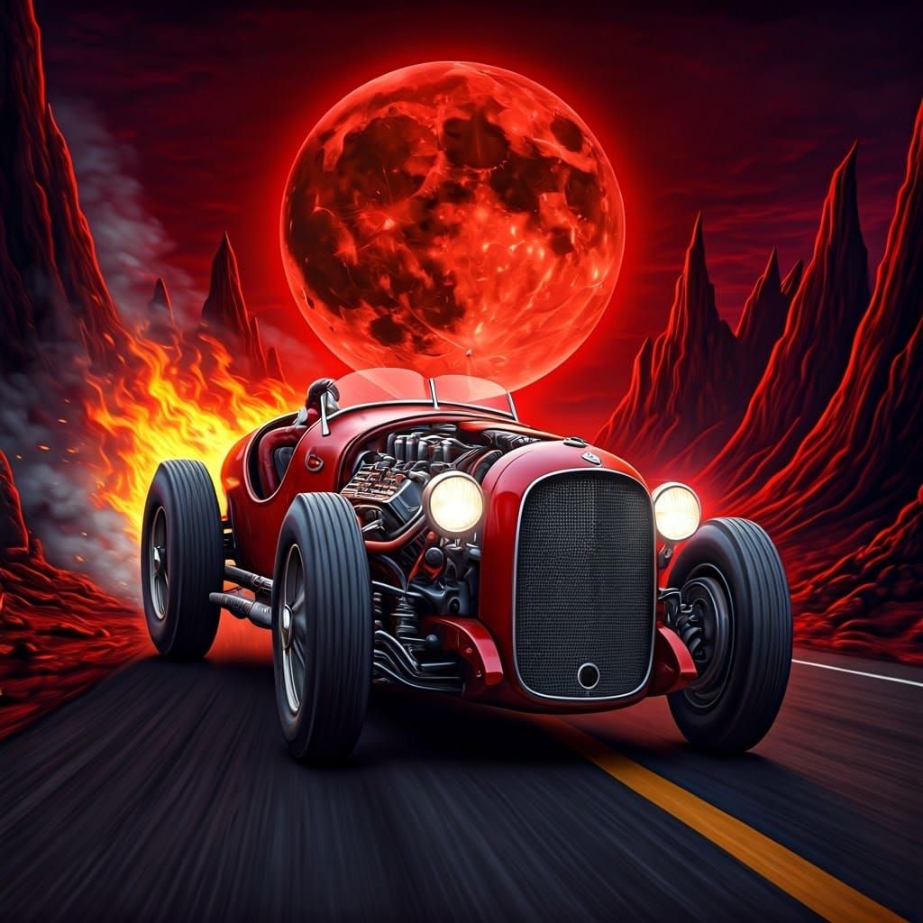 Surrealistic Demonic Car Speeds to Hell Under Bloo... - AI Art