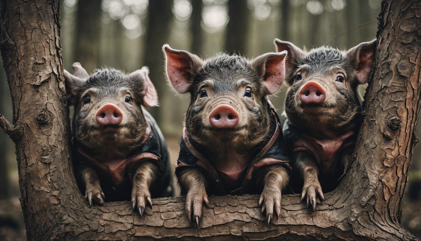 three cheerful little pigs sit on a tree and eat sausage. in this way ...
