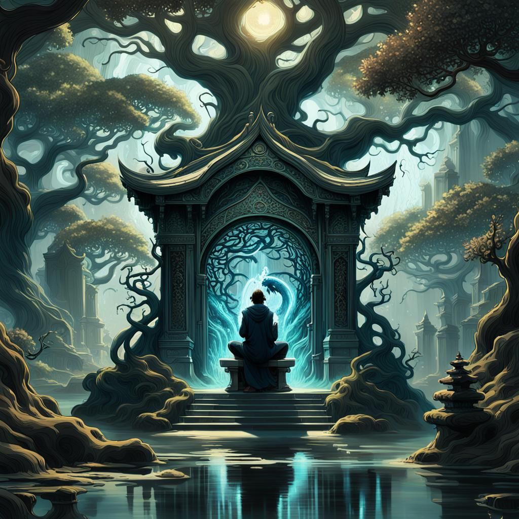 Yokai Water Shrine - Ethereal Water Shrine in Dark Fantasy L...