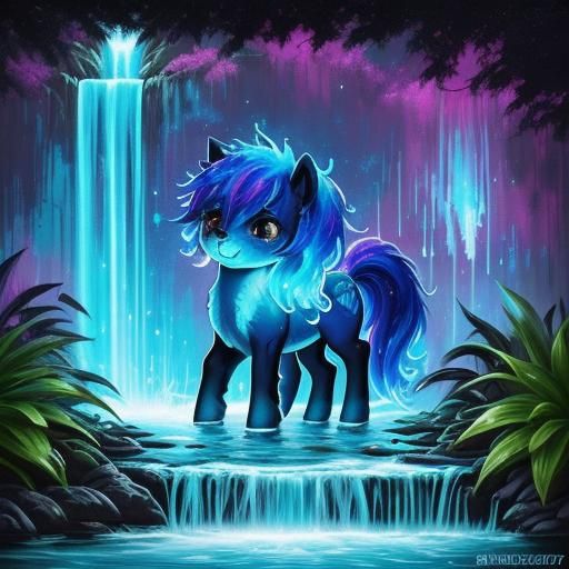 adorable cute chibi baby furry pony with a bioluminescent Waterfall in ...