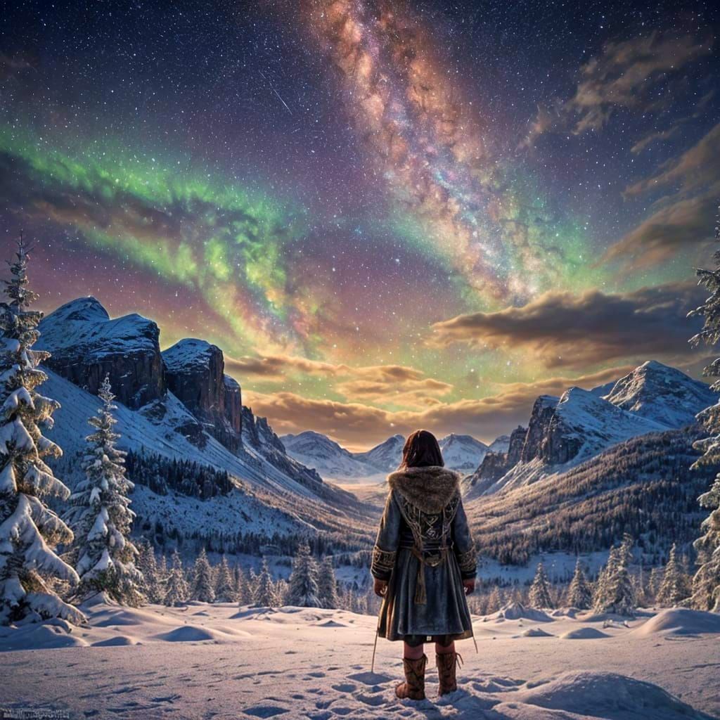 Celtic child in an ancient land in a snowy winter looking up at a ...