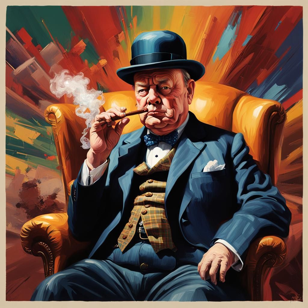 Winston Churchill in a armchair with a cigar in his mouth and a glass ...