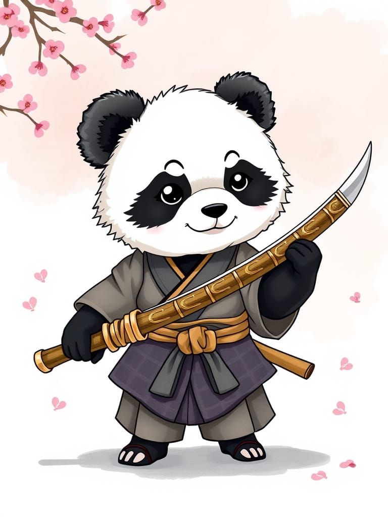 Chibi Samurai Panda Wields Bamboo Katana in Vibran... - AI Art
