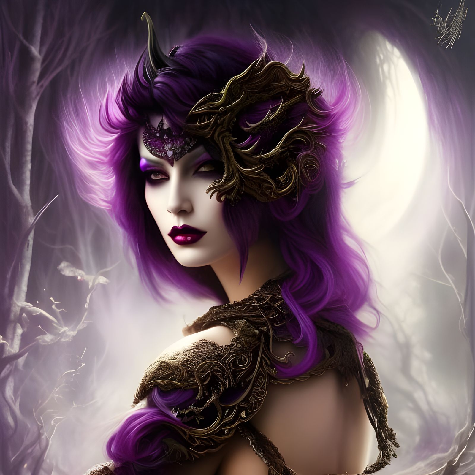 beautiful fabulous female warlock, purple hair, ethereal lighting, casting a spell in mystical ...