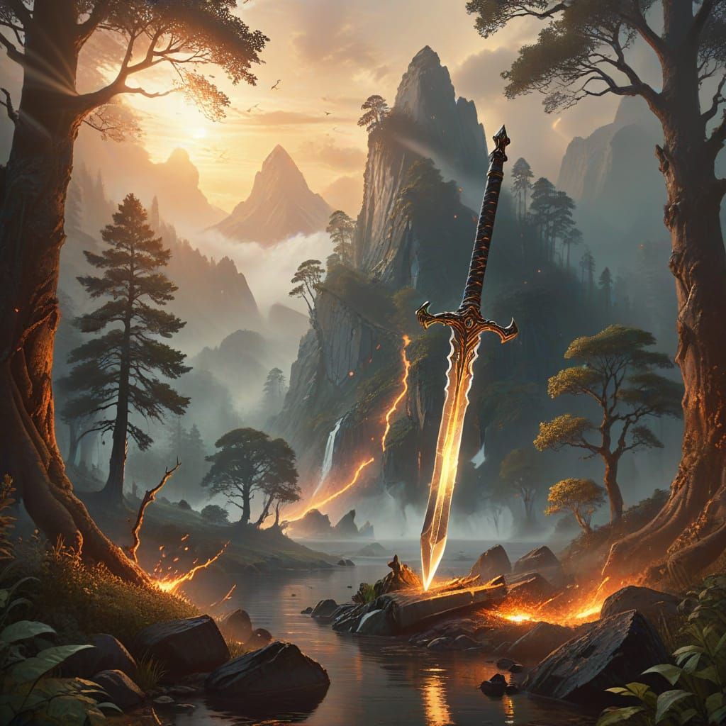 Ethereal Sword Suspended Above Misty Valley in Dig... - AI Art