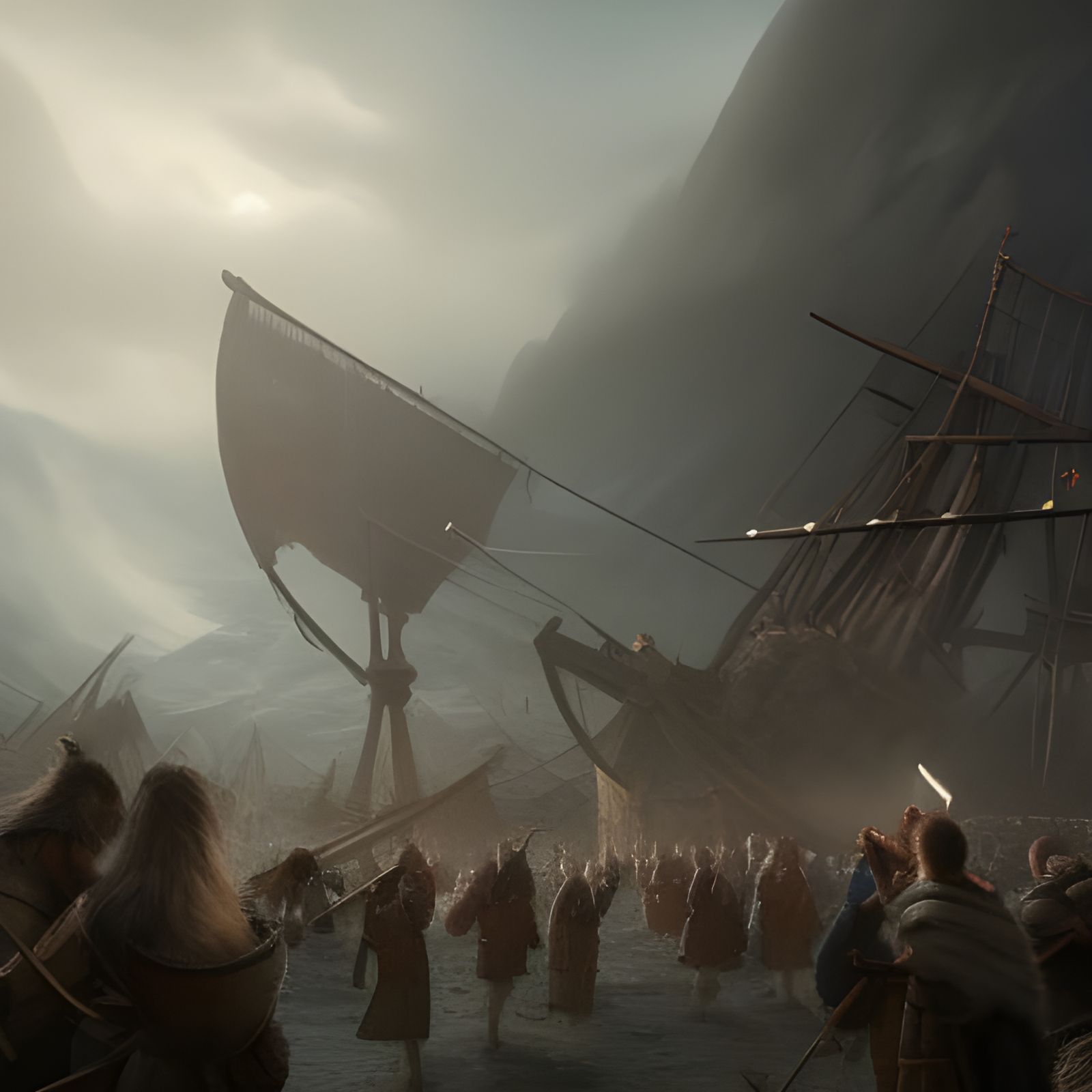 A viking village in the morning cheering to a leaving crew of sailors ...