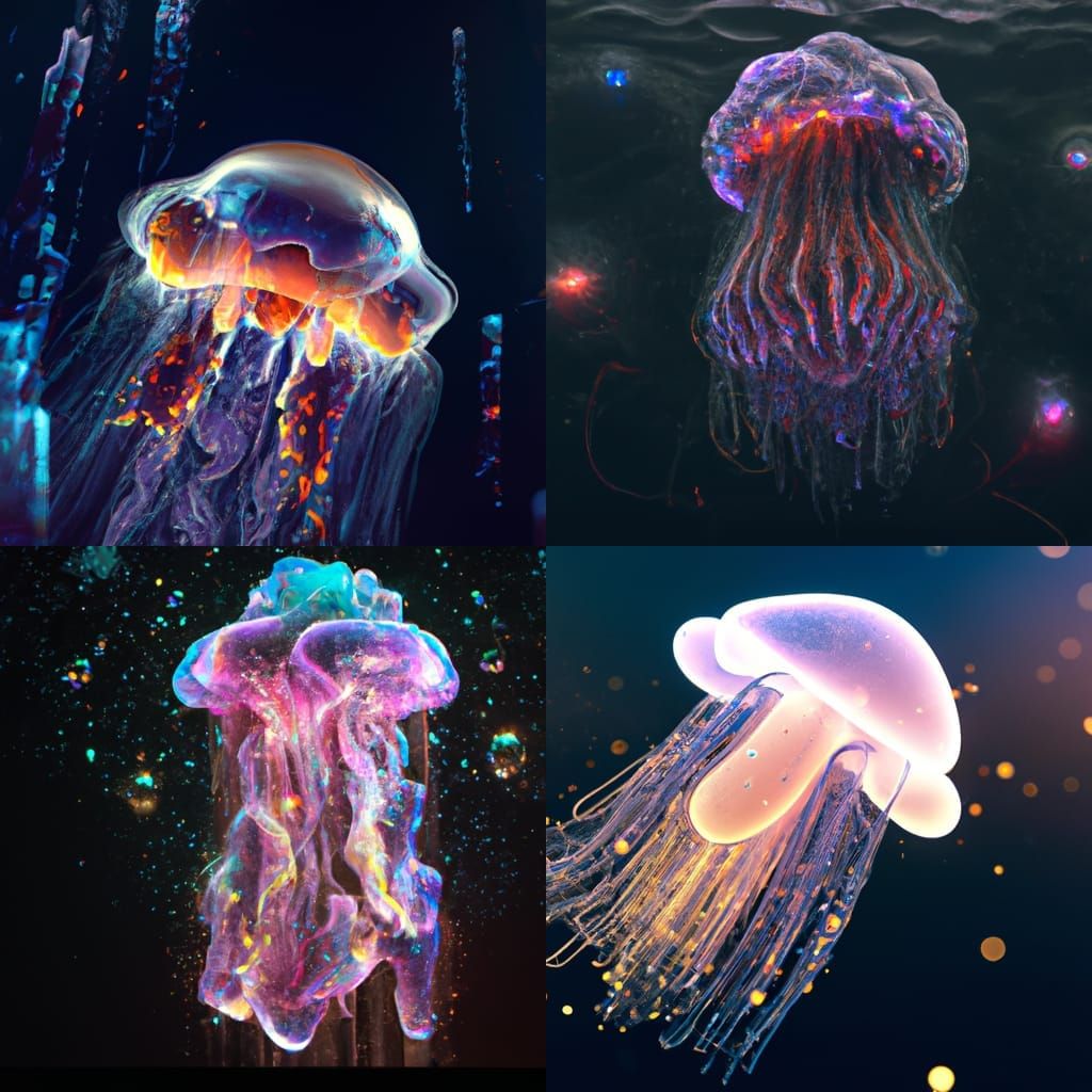 "Hyper Cosmic hyper-detailed psychedelic jellyfish swiming in the space ...