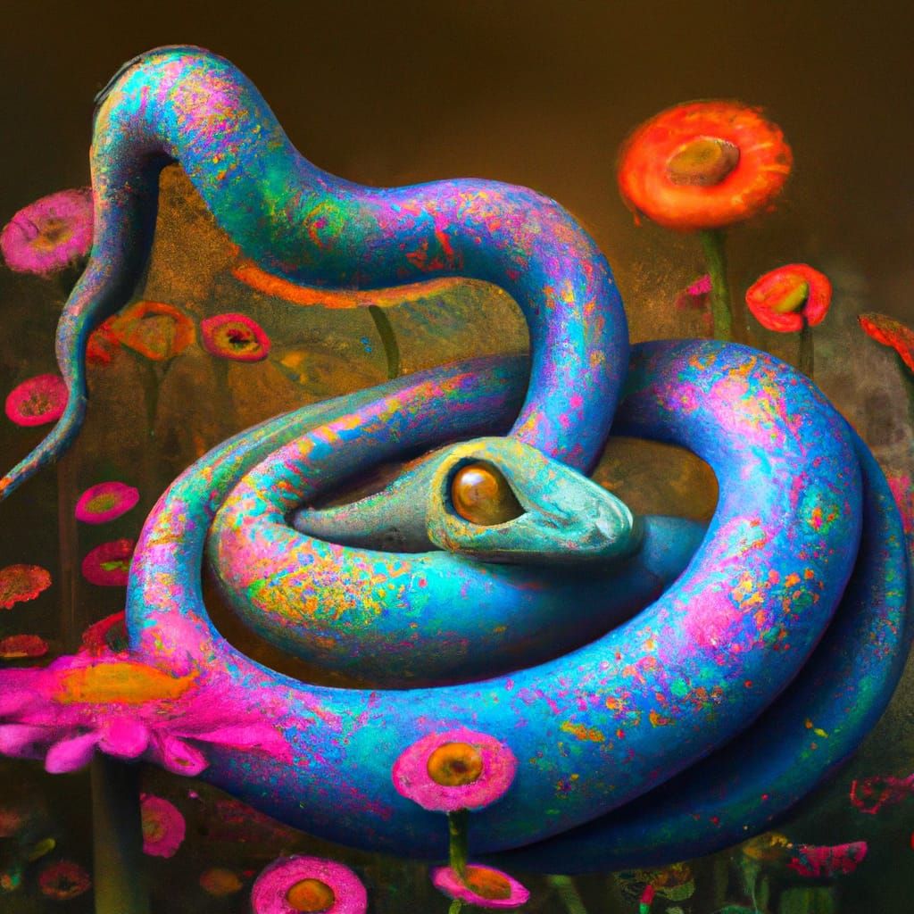 Psychedelic snake curled up in the flowers - AI Generated Artwork ...