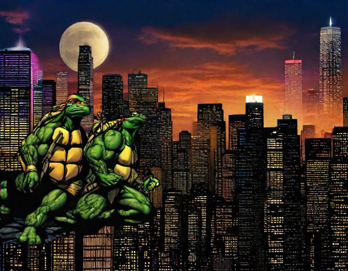 (TMNT Overlooking Gotham City With Bat Signal In The Sky and Turtle ...