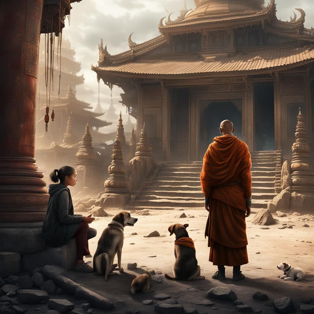 Girl and her dog talking to a budist monk at a budist temple in a post ...