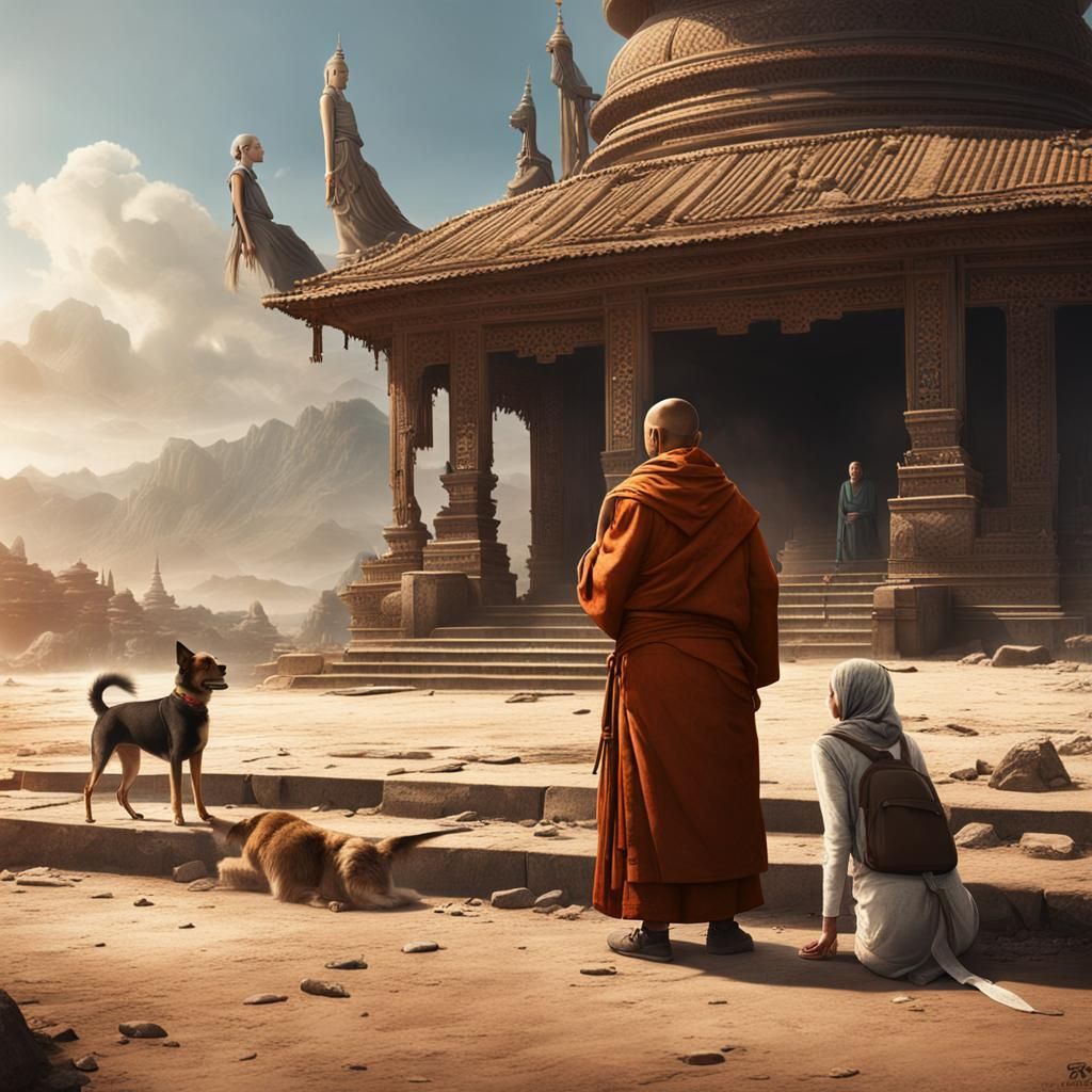 Girl and her dog talking to a budist monk at a budist temple in a post ...