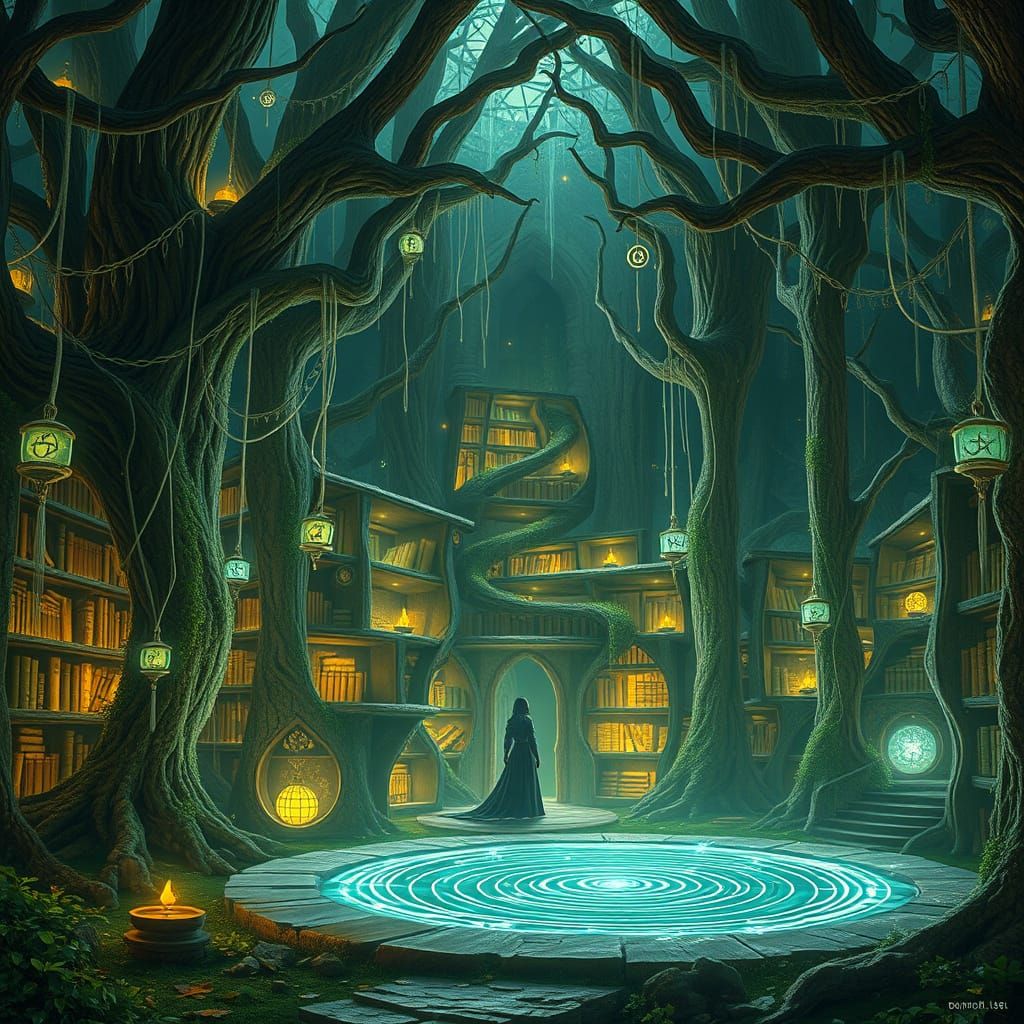 A mystical forest-grown library known as the ancient archives