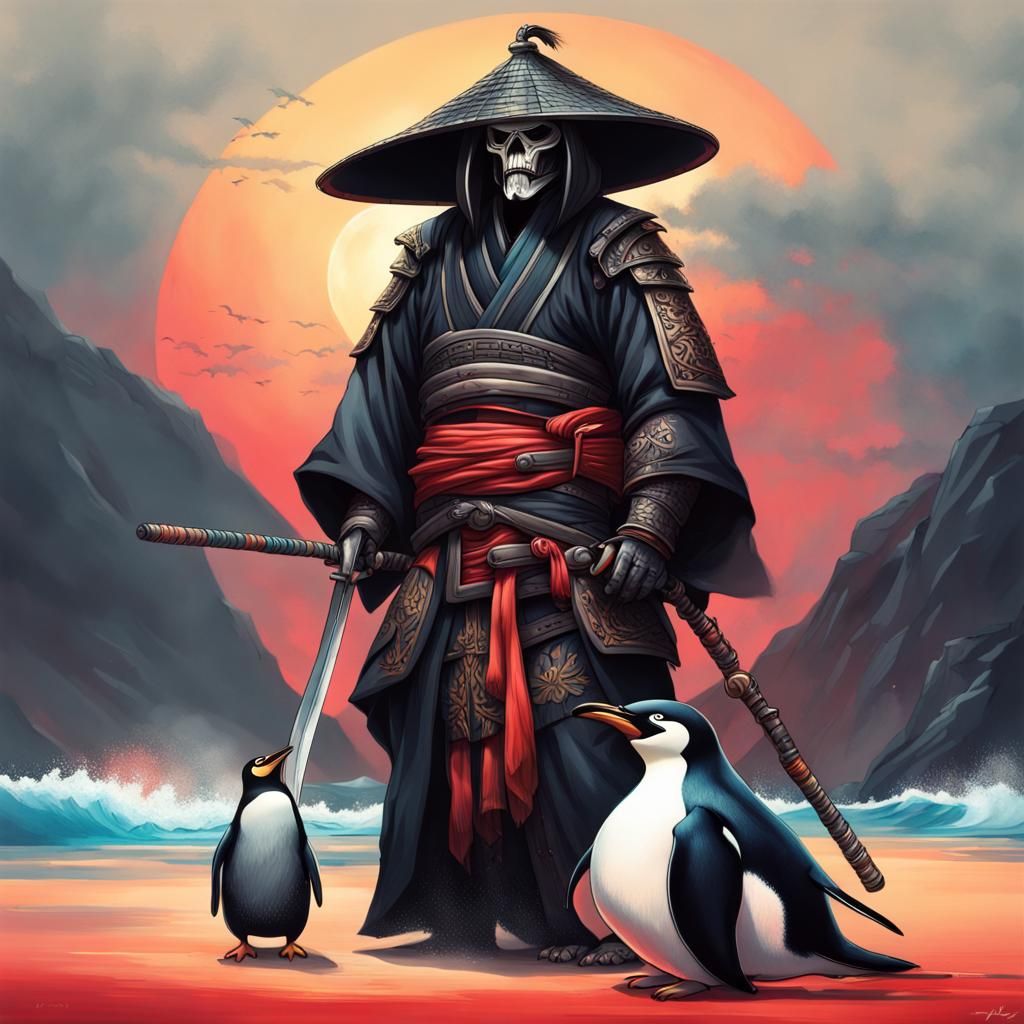samurai grim reaper with his penguin best friend - AI Generated Artwork ...