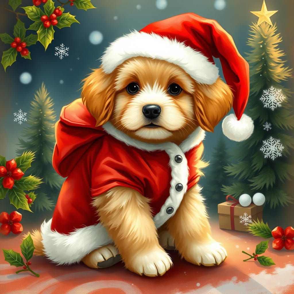 Santa the fluffy puppy - Santa Puppy in Festive Holiday Sett...