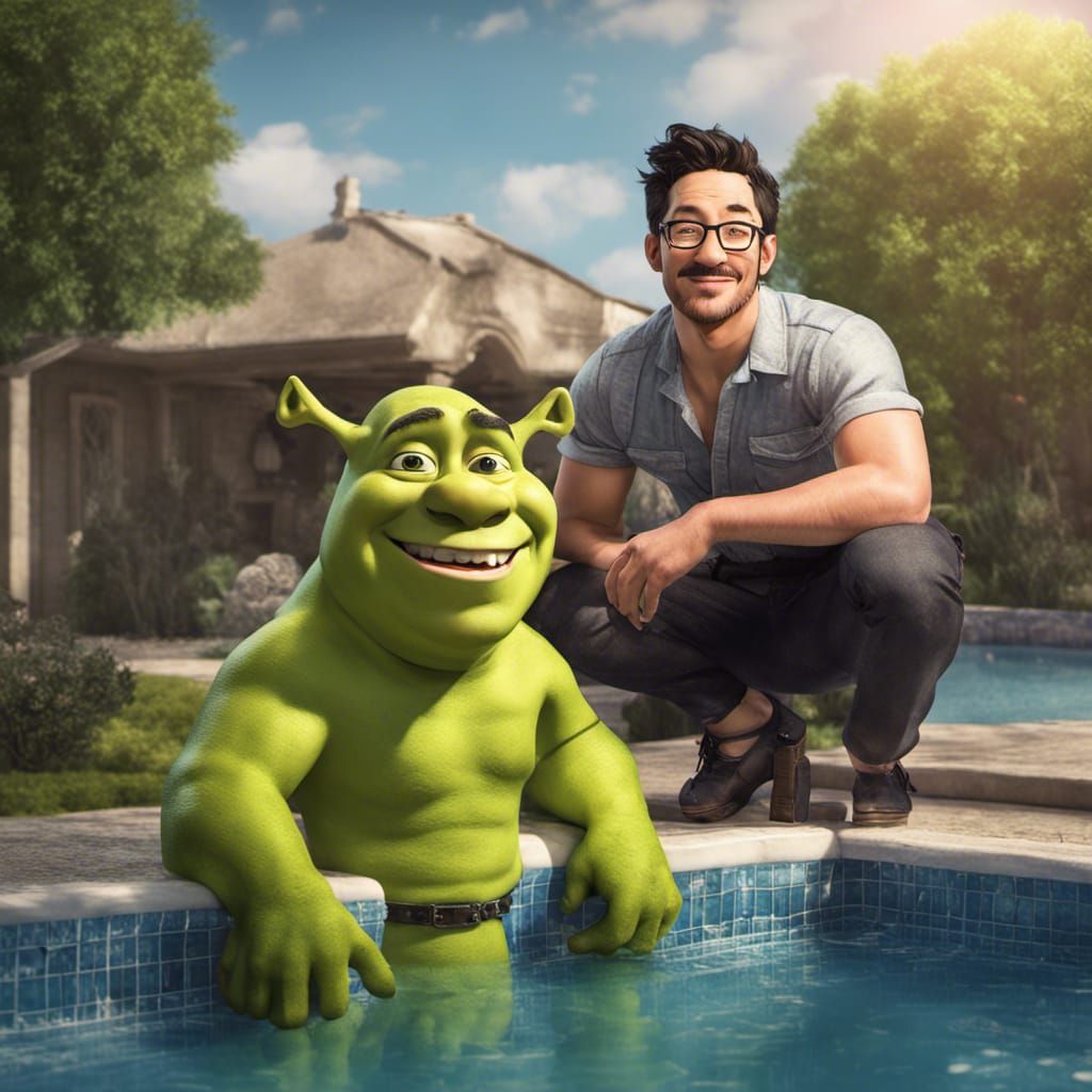 "Markiplier at the pool with Shrek" , extreme detail, deep depth of ...