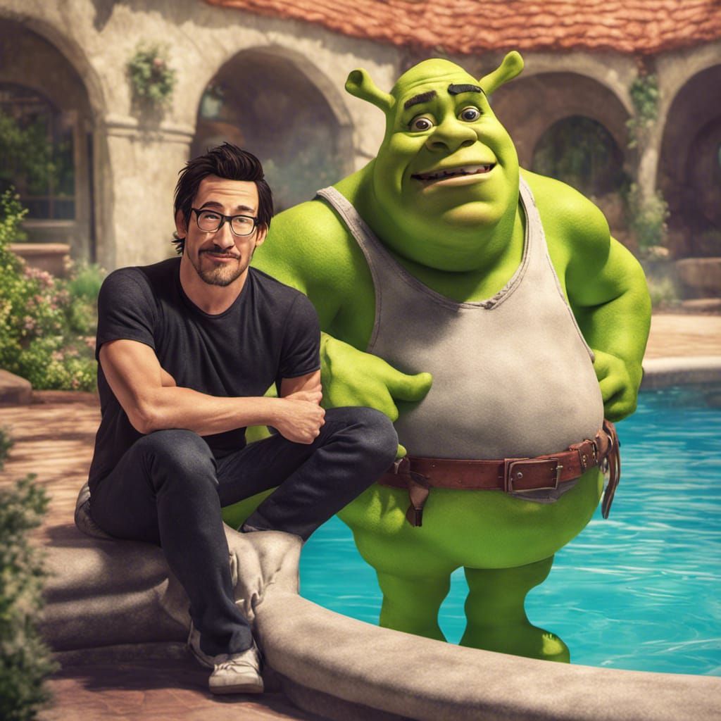 "Markiplier at the pool with Shrek" , extreme detail, deep depth of ...