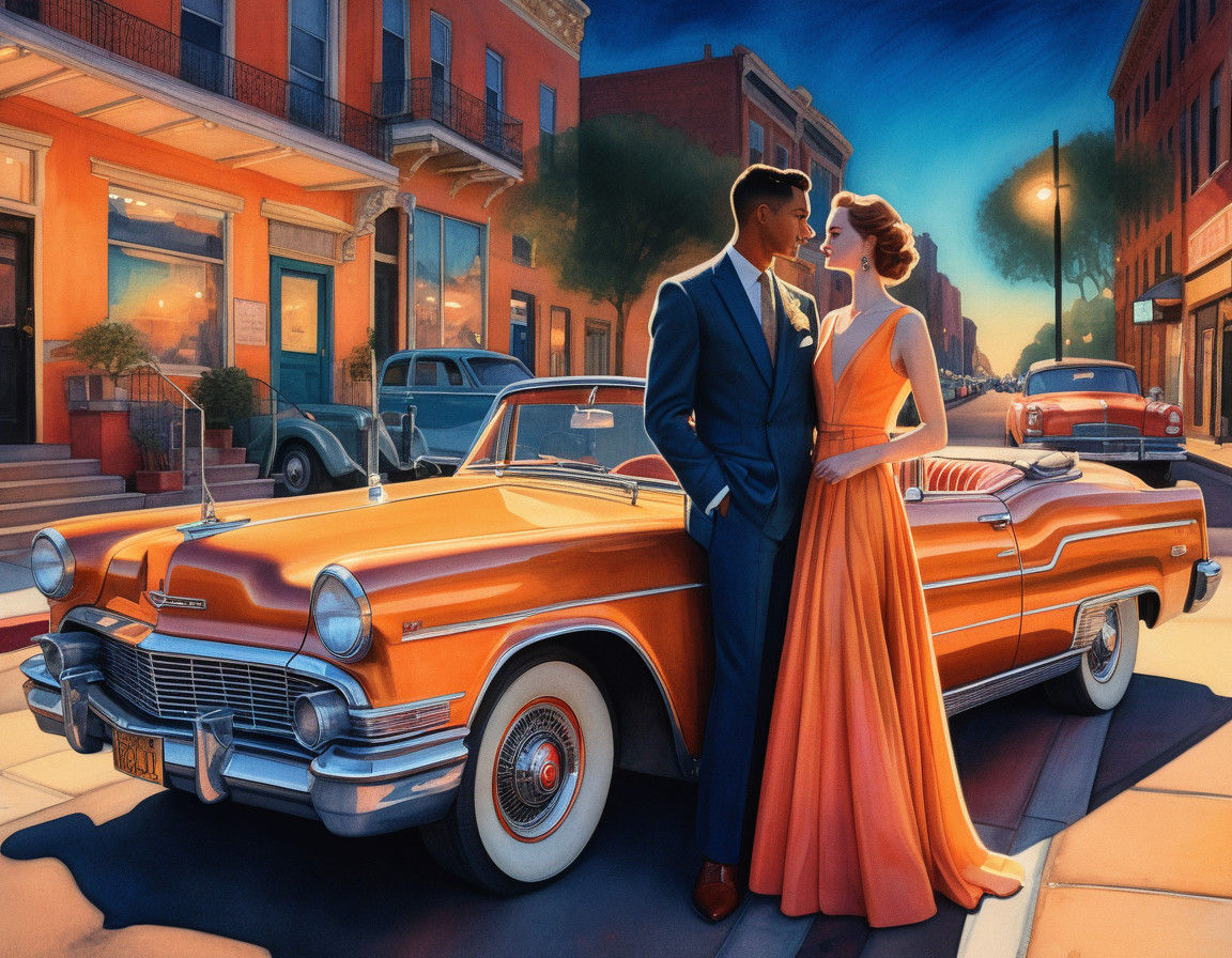 Stylish Couple in Vintage Cityscape, Warm Evening ... - AI Art