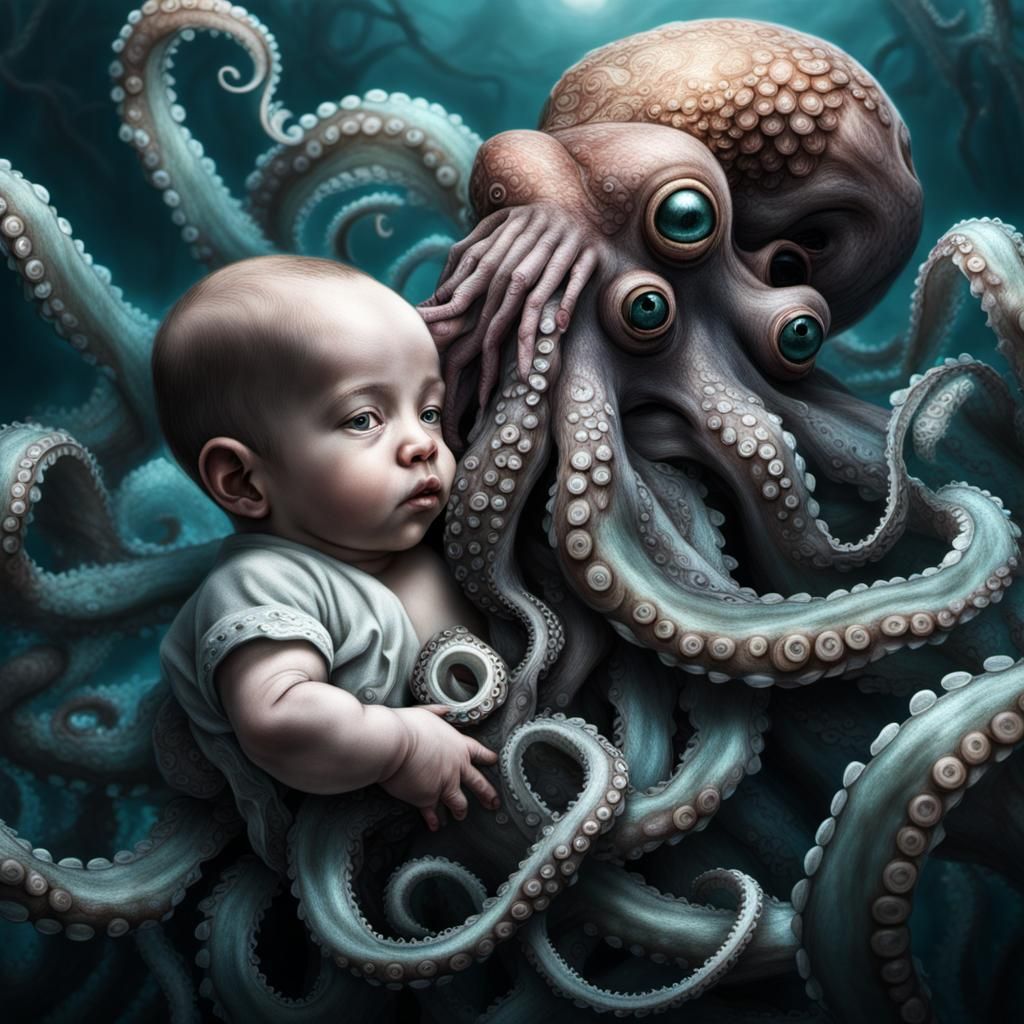 Anthropomorphic octopus daddy holding human baby in tentacles nest - AI ...