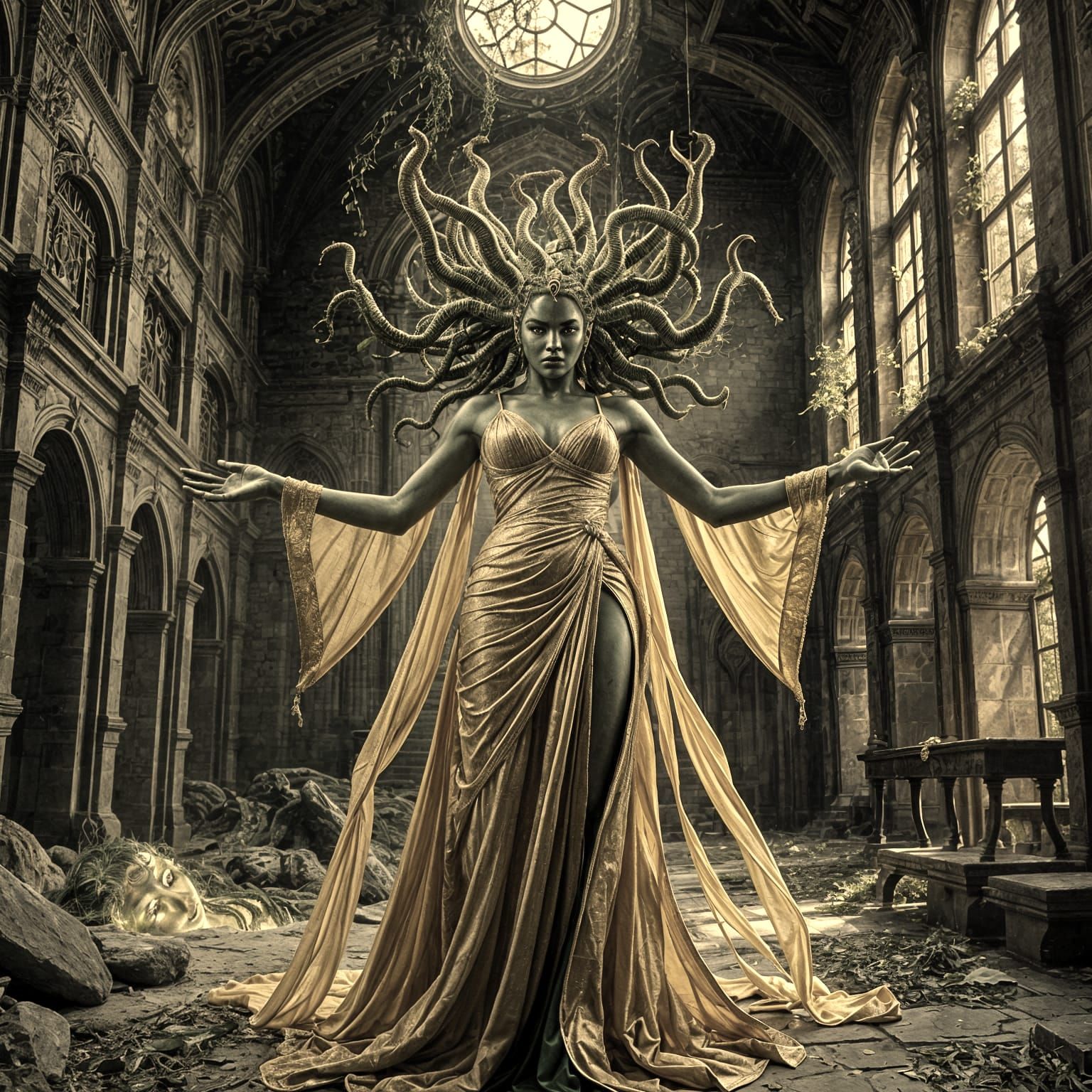 Medusa is depicted as a once-beautiful woman transformed into a ...