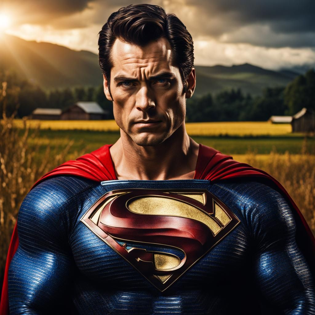 kintsugi,Superman ,standing in front of his farm, dramatic lighting ...