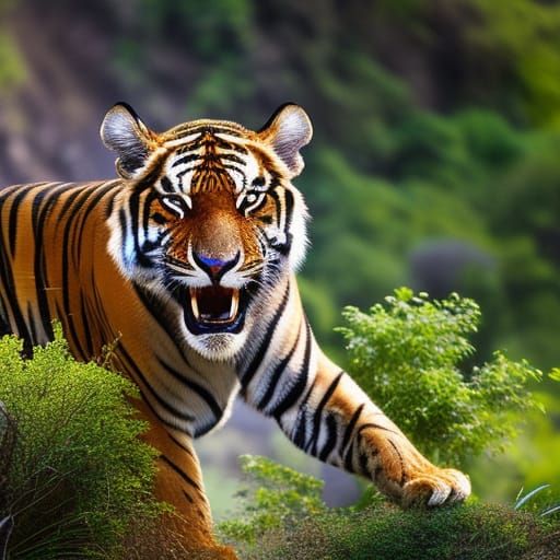 A dynamic action shot of a tiger leaping through the jungle, hunting ...