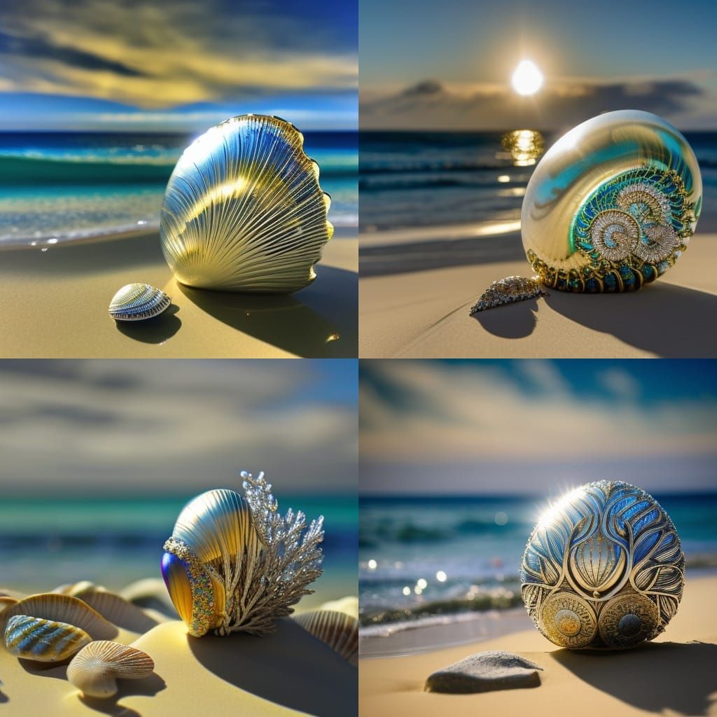 a few very large intricate highly detailed seashells glittering and ...