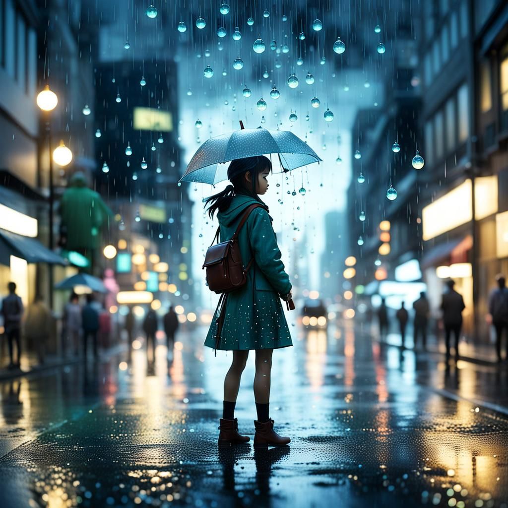 A miniature girl, Rain as a cascade of tiny, glowing orbs, illuminating ...
