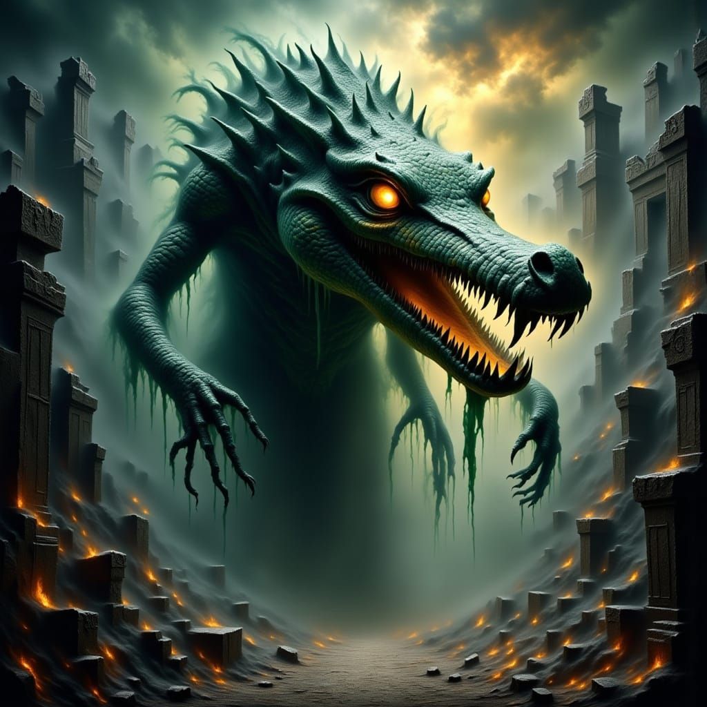 A colossal, ancient Egyptian-inspired crocodile deity with imposing ...