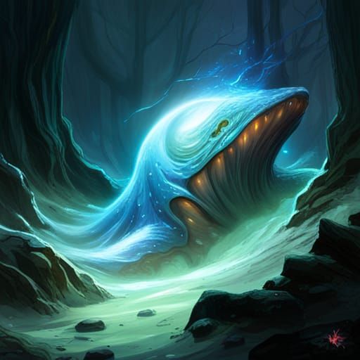 Fungal Dark Fantasy Scene - Bioluminescent Cave Slug in Dark...