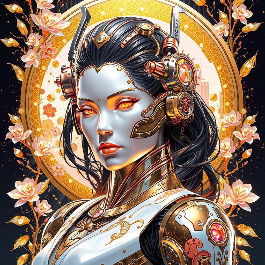 Sensual Cyborg Goddess in Art Nouveau Cyberpunk St... - AI Art