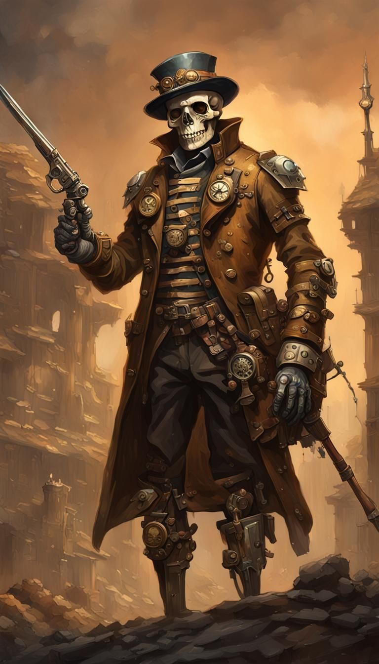 Skeleton engineer, holding a steampunk musket in his hand. He wears ...