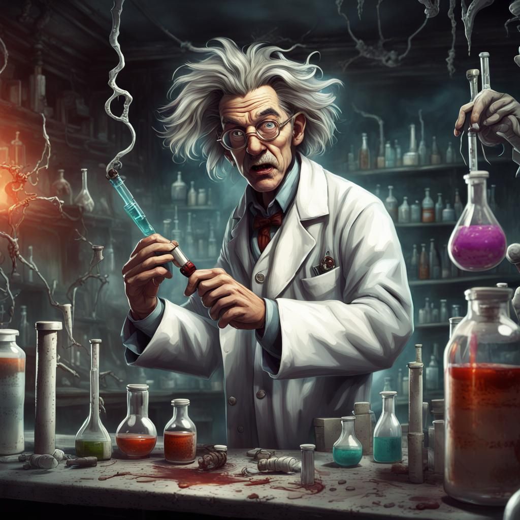 A mad scientist in a madhouse, surrounded by other lunatics. The scientist is wearing a torn and ...