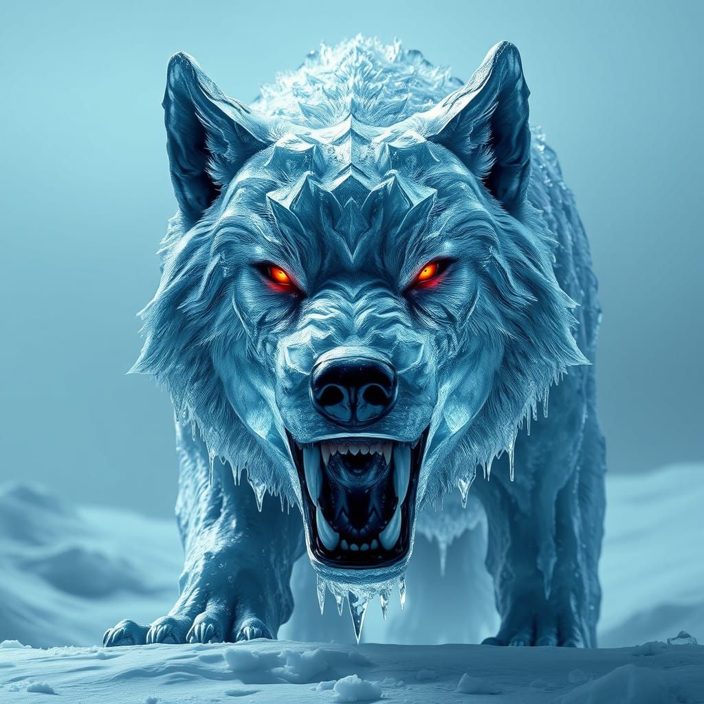 Giant Ice Wolf in Fierce Posture - AI Art