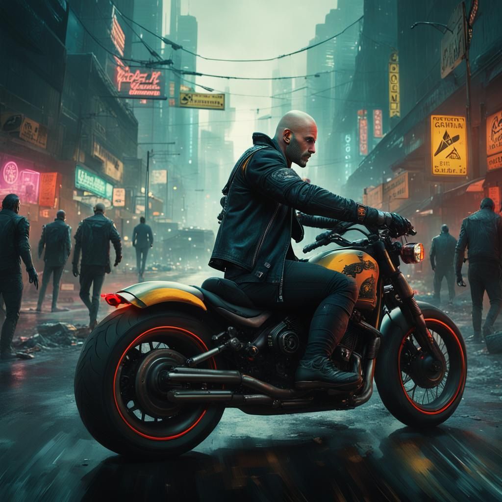 A cool bald man riding a motorcycle in an urban cyberpunk setting. - AI ...