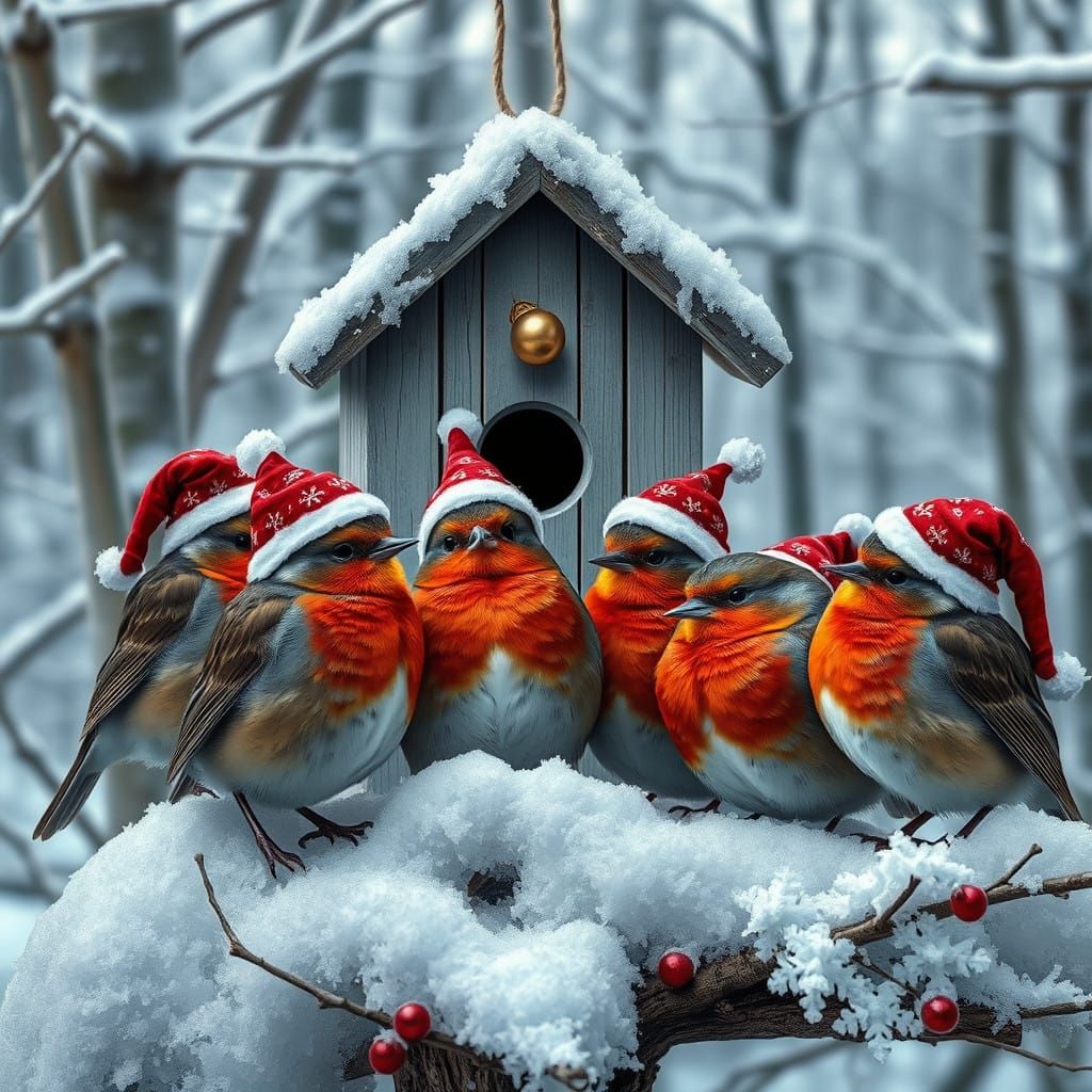 Family of robins, caroling together