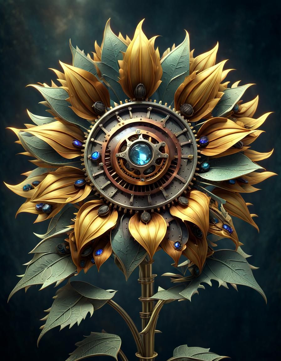 metal mechanical steampunk flower sunflower. gems. the flower grows on ...