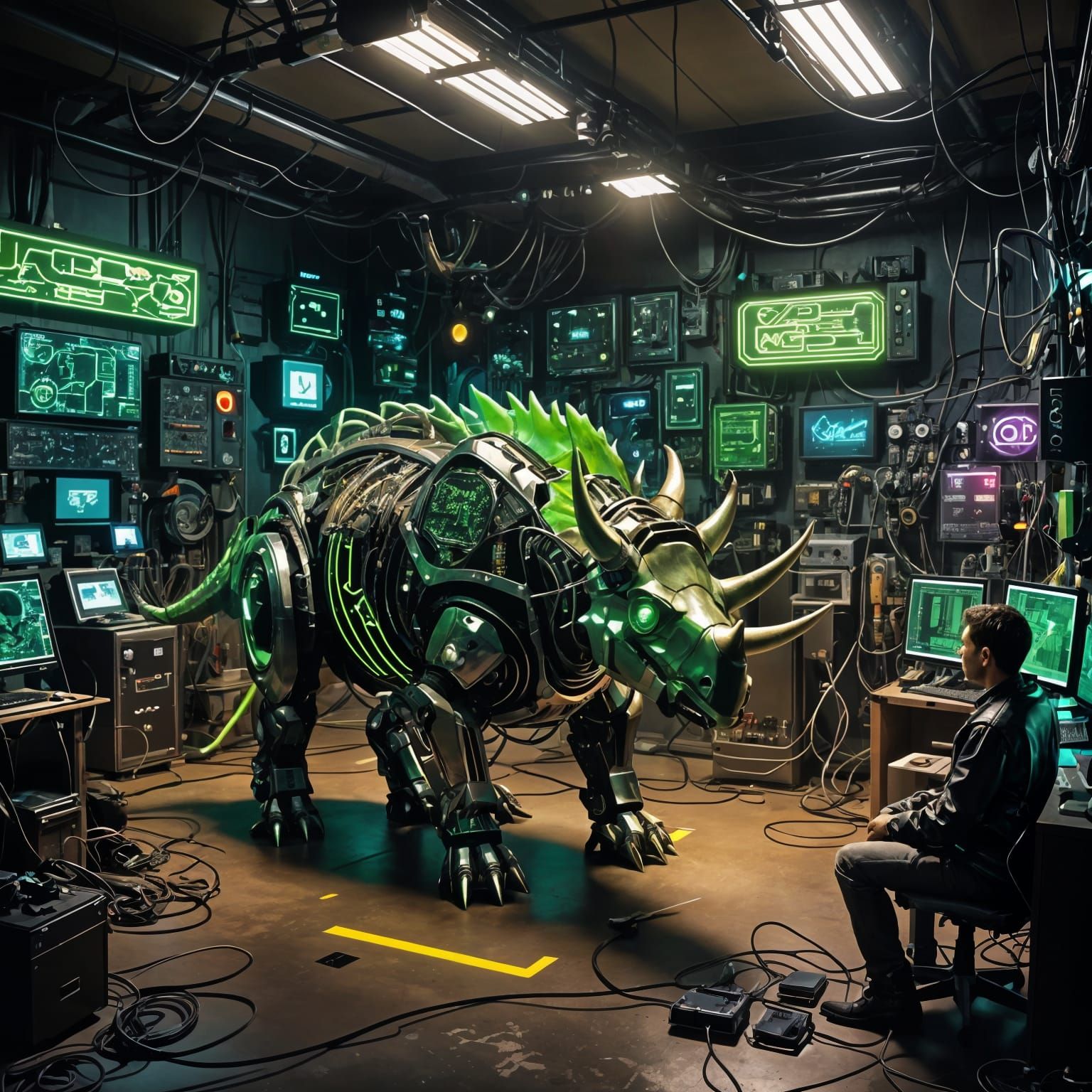 Cyberpunk Robo Dino 4 - Cyberpunk Robot T-Rex in Dark High-T...