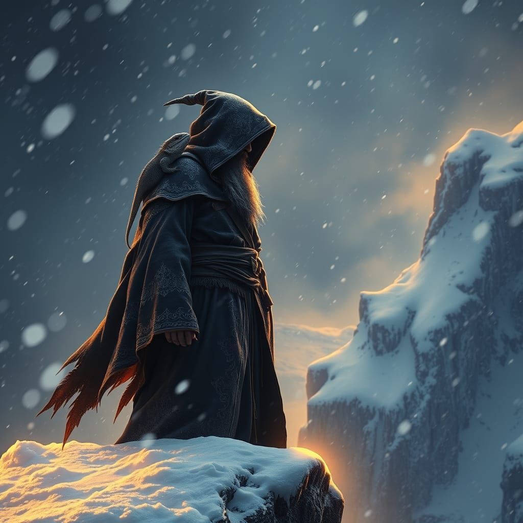 A Bizarre Wizard with a pet Lizard caught in a Blizzard