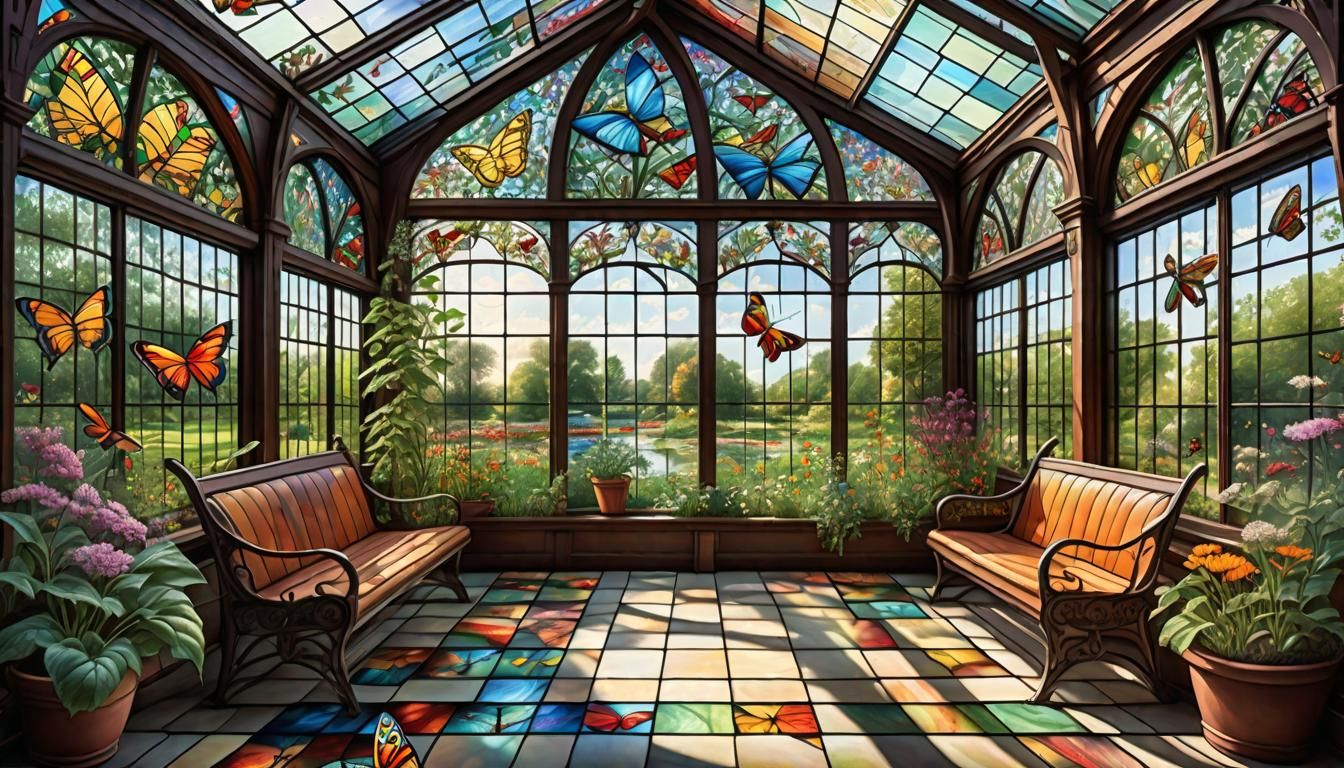 Solarium With Colorful Stained-Glass Windows With Butterflies And ...