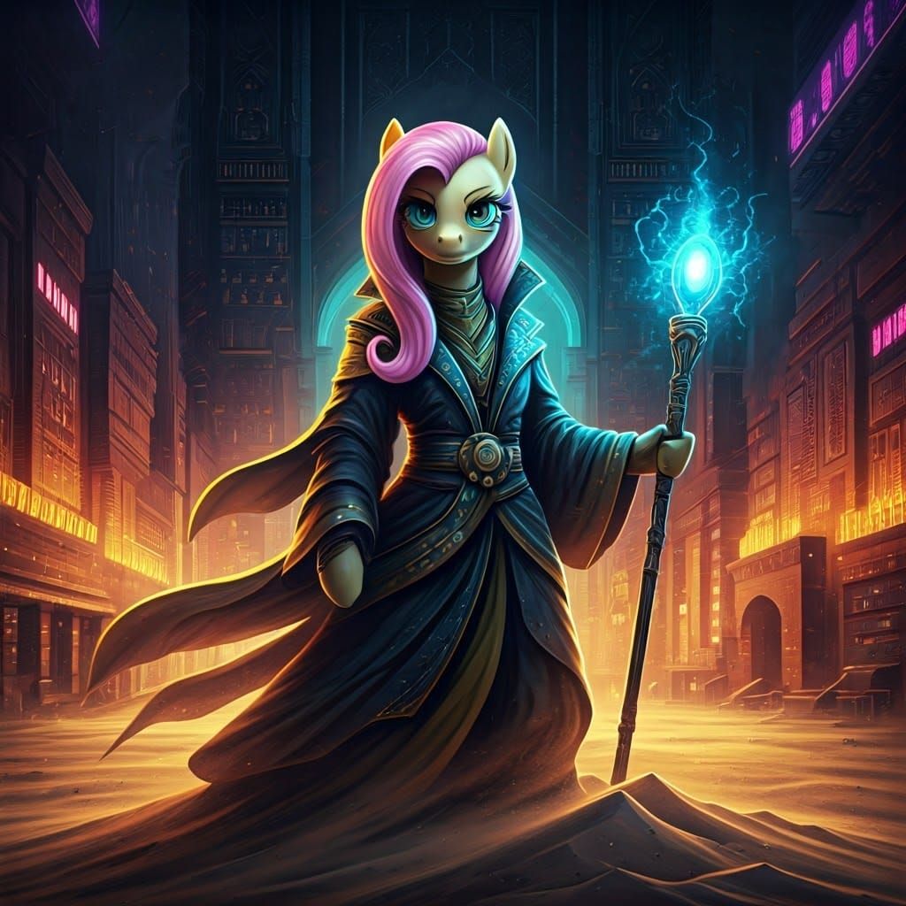 Cyberpunk Sand Mage with Fluttershy Pony Form in G... - AI Art