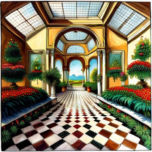 An ornate Garden Greenhouse foyer, Italian renaissance marble flooring ...