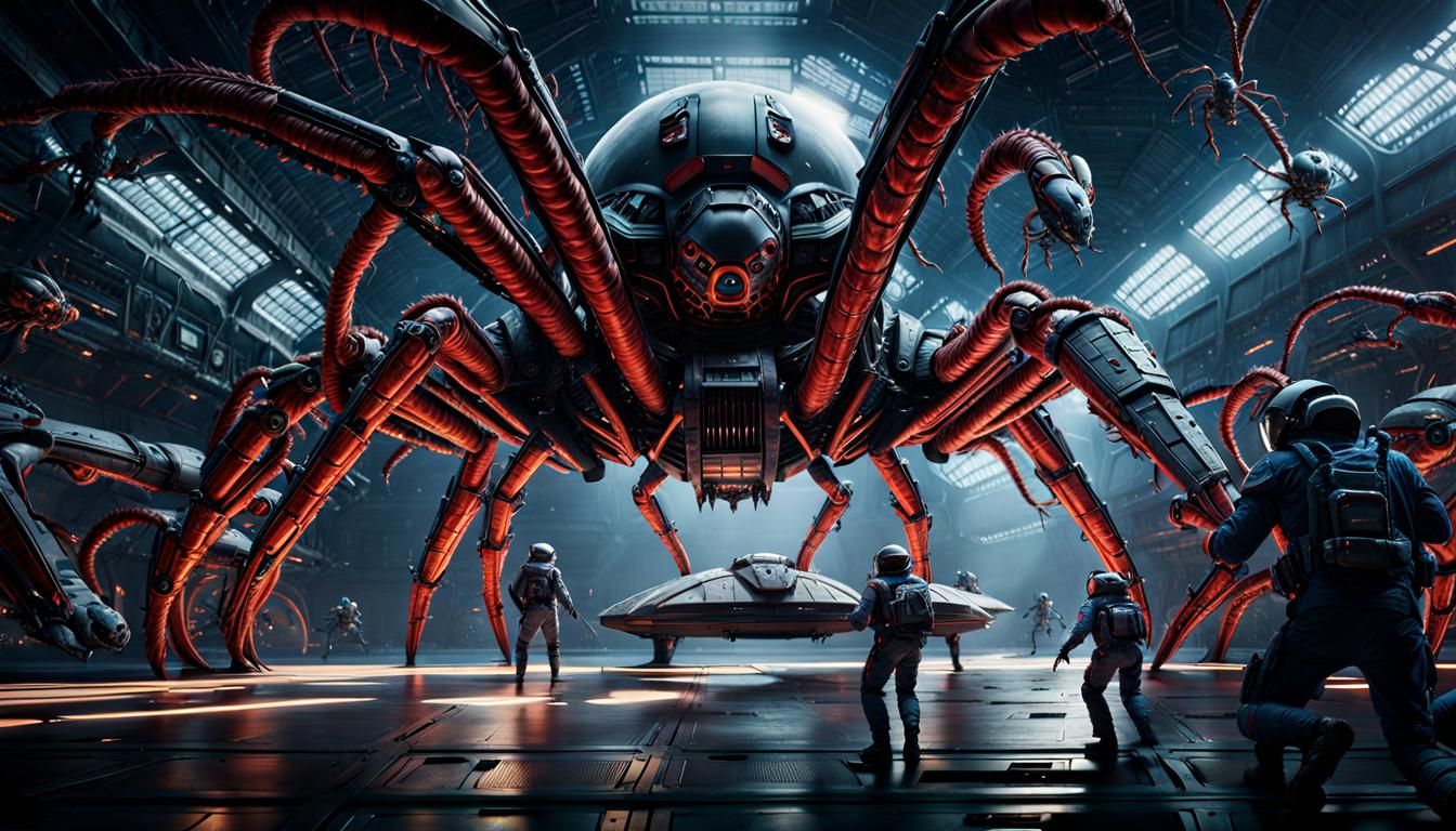 astronaut fighting spider aliens in a hangar of a spaceship, detailed ...