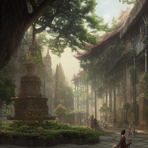 A wide open courtyard in a beautiful elven city made of ivory, anime ...