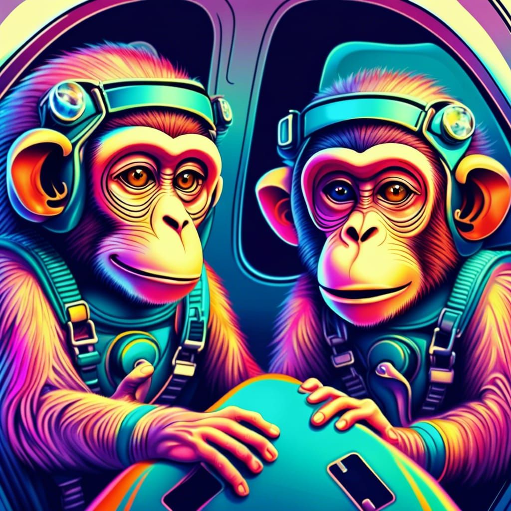 Two monkeys lovers flying on a plane and chatting and sharing ideas, surreal, psychedelic - AI ...