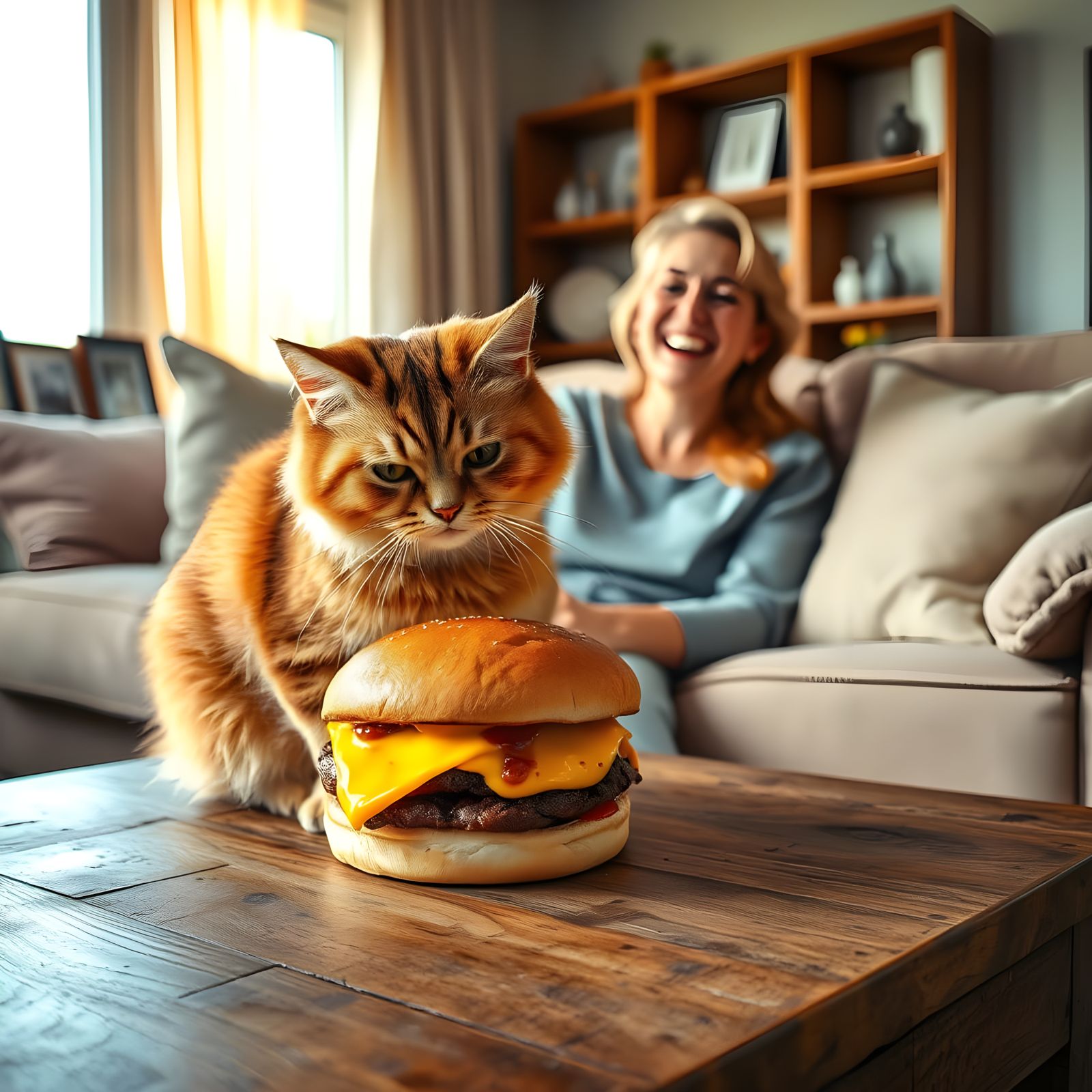 "Cat doesn't like the Cheeseburger" photorealistic Cat sneezing on your ...