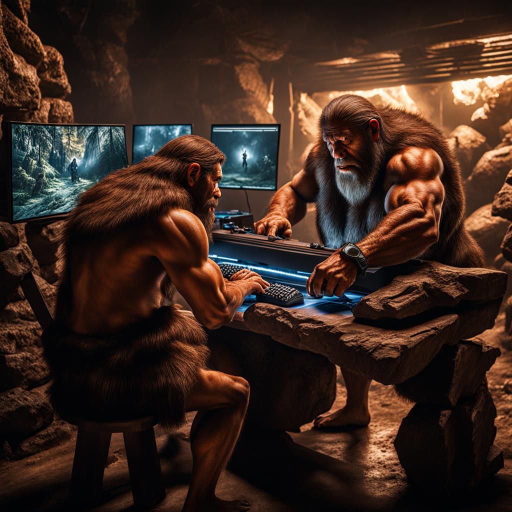 Neanderthal men playing computer games - AI Generated Artwork ...