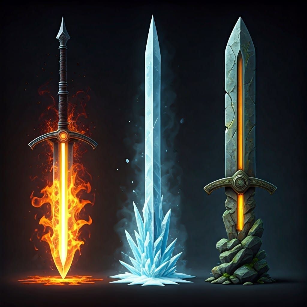 A blazing sword of fire, its blade crackling with molten energy. A ...