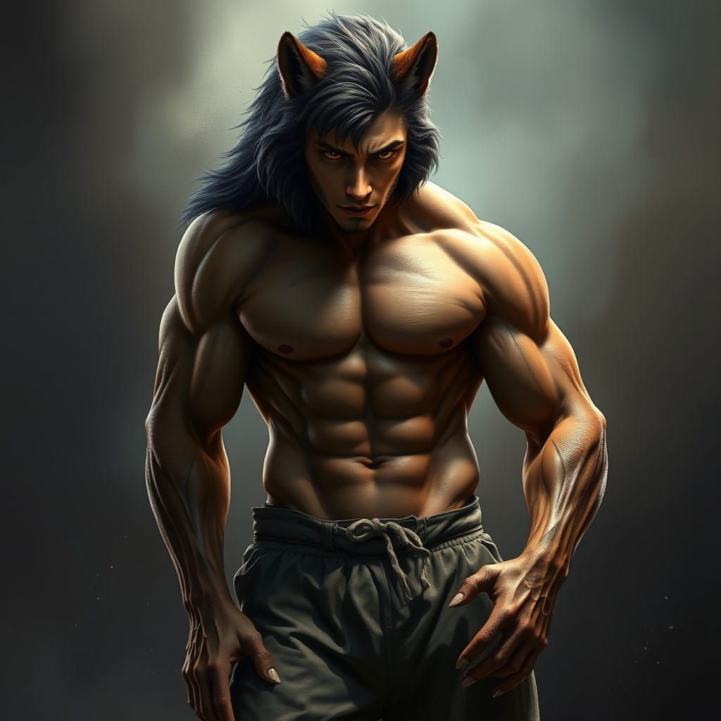 A gorgeous, ripped muscular young alpha male wolf partially shifted ...