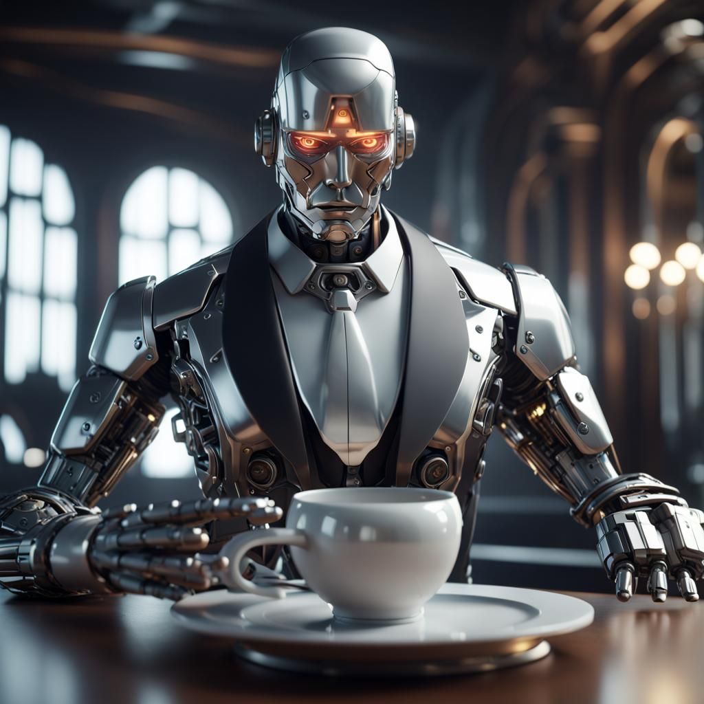 Cyborg Butler in a suit with tea cup - AI Generated Artwork - NightCafe ...