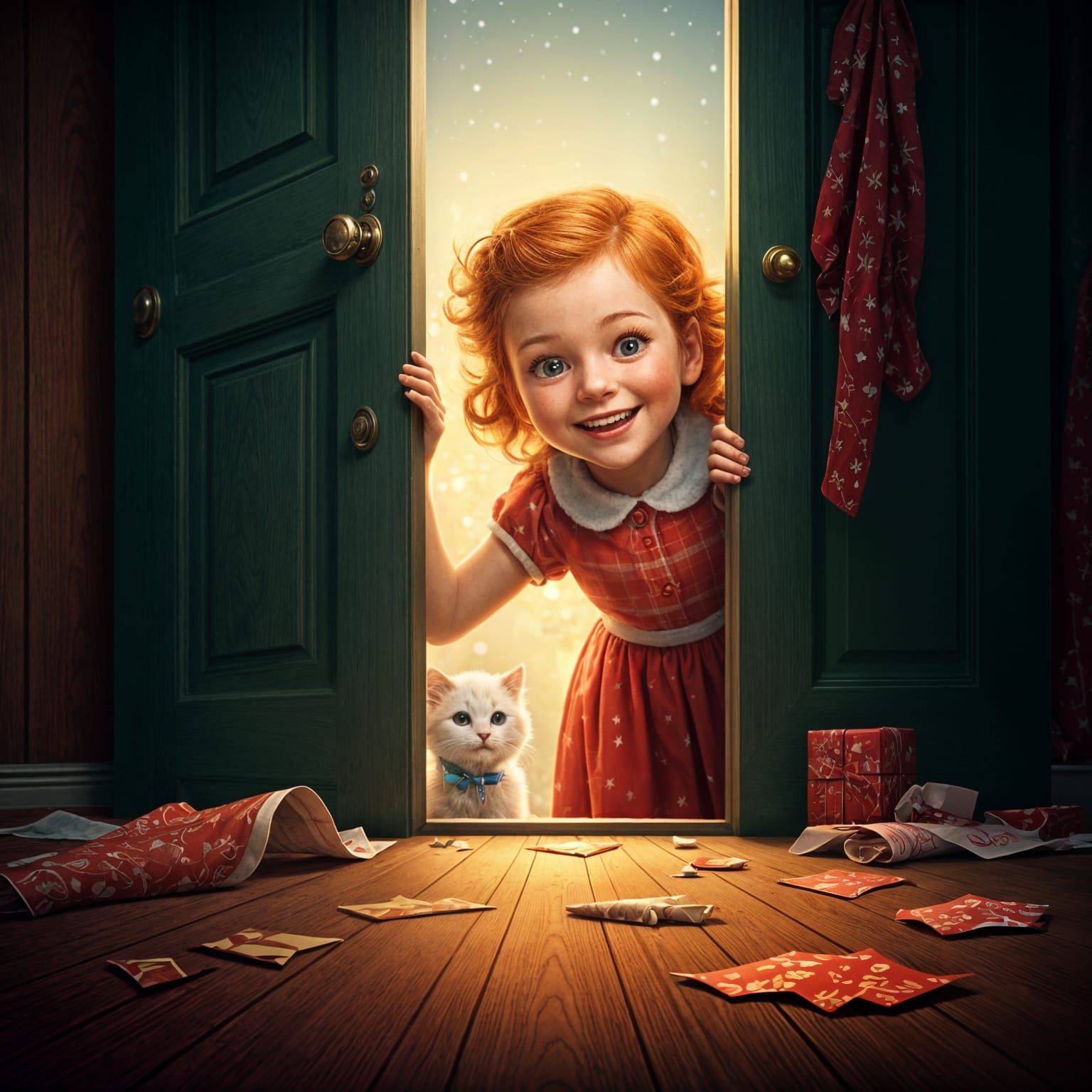 Vintage Christmas Whimsy: Ginger-Haired Girl and K... - AI Art
